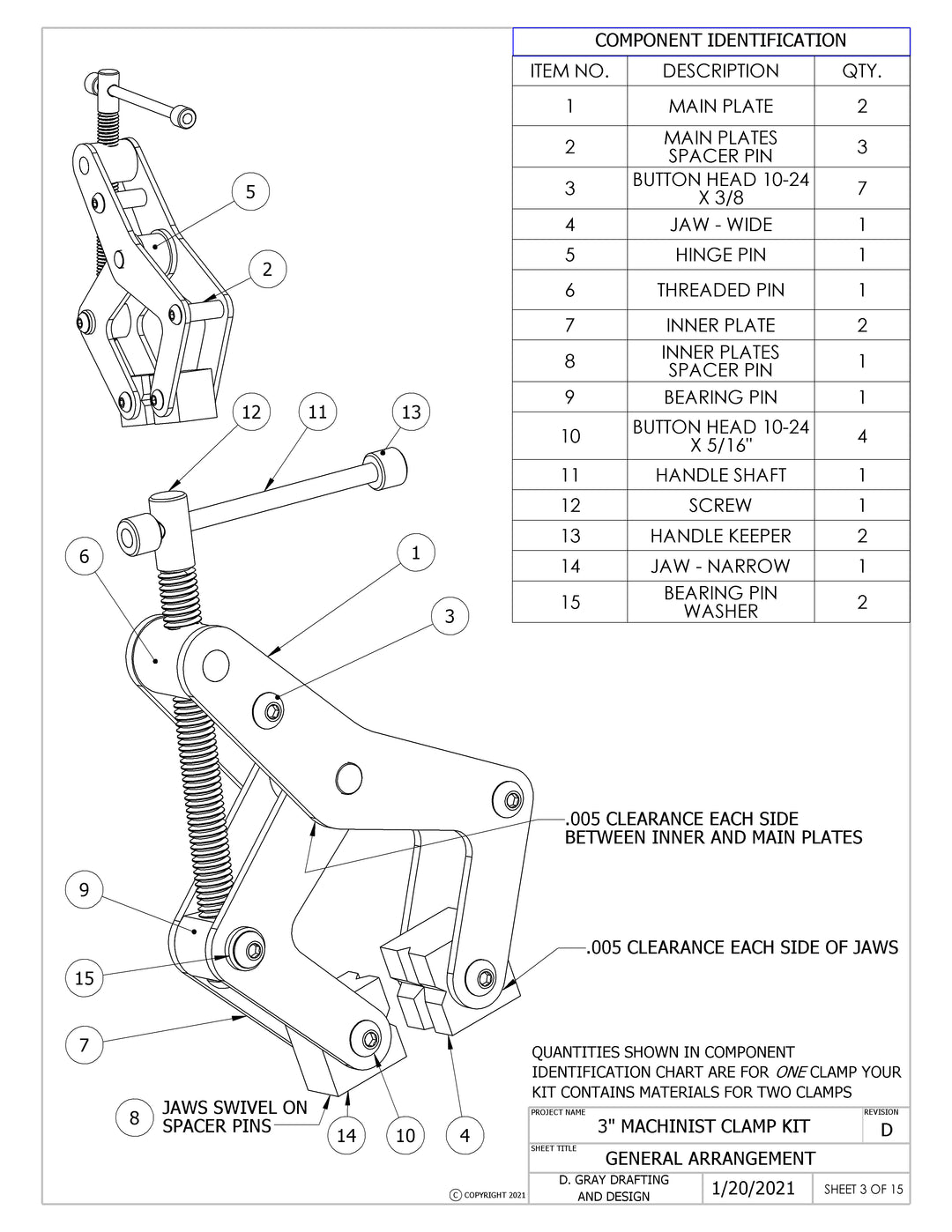 PAIR 3" (75mm) MACHINIST CLAMP KIT PLATES, HARDWARE AND DRAWINGS ONLY ...